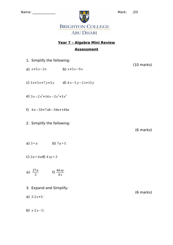 Year 7 Mini Assessments | Teaching Resources