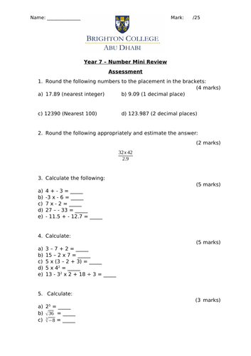 Year 7 Mini Assessments | Teaching Resources