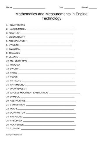 Mathematics and Measurements in Engine Technology Word Scramble ...