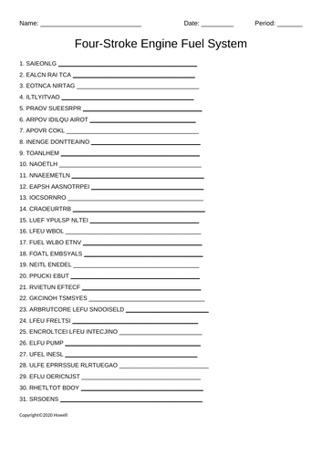 Four Stroke Engine Fuel System Word Scramble | Teaching Resources