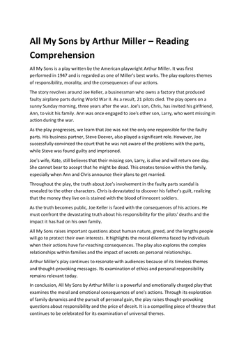 All My Sons by Arthur Miller – Reading Comprehension | Teaching Resources