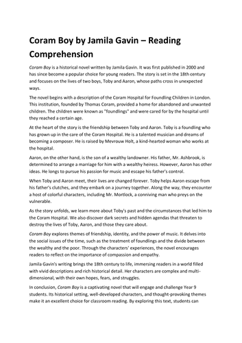 Coram Boy by Jamila Gavin – Reading Comprehension | Teaching Resources
