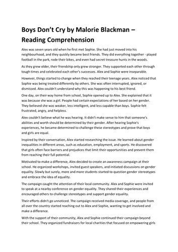 Boys Don’t Cry by Malorie Blackman – Reading Comprehension | Teaching ...