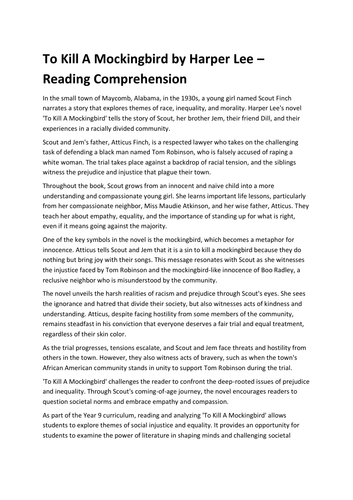 To Kill A Mockingbird by Harper Lee – Reading Comprehension | Teaching ...