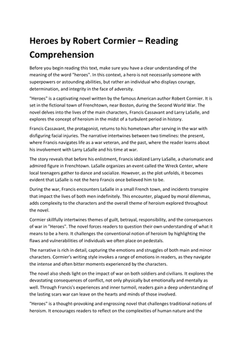 Heroes by Robert Cormier – Reading Comprehension | Teaching Resources