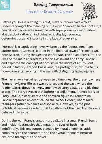 Heroes by Robert Cormier Reading Comprehension | Teaching Resources