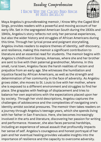 I Know Why the Caged Bird Sings by Maya Angelou Reading Comprehension ...