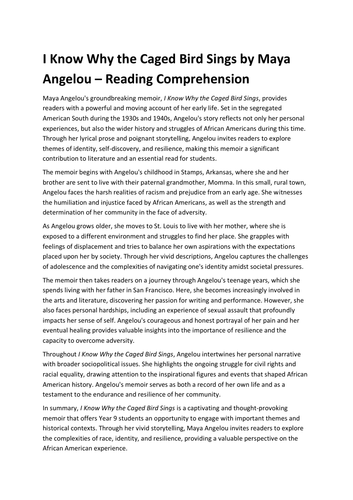 I Know Why the Caged Bird Sings by Maya Angelou – Reading Comprehension ...
