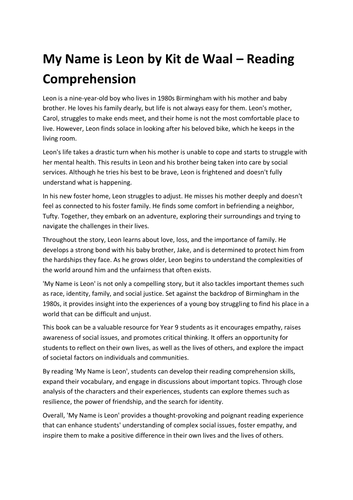 My Name is Leon by Kit de Waal – Reading Comprehension | Teaching Resources