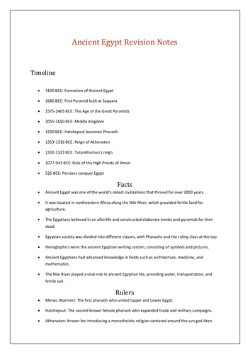 Ancient Egypt Revision Notes | Teaching Resources