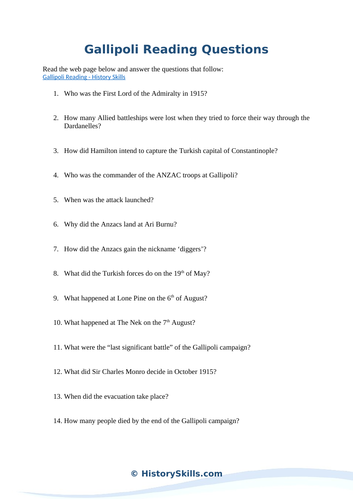 WWI Gallipoli Campaign Reading Questions | Teaching Resources
