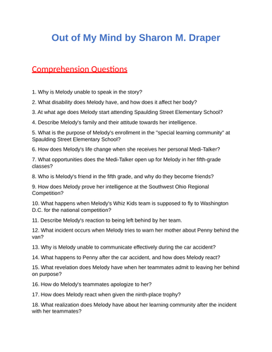 Out of My Mind : Reading comprehension Questions - Test / Quiz ...