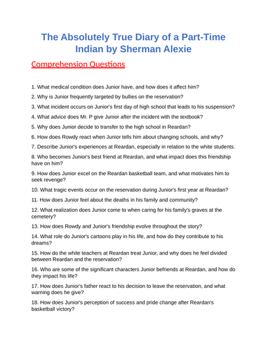 The Absolutely True Diary of a Part-Time Indian : Reading comprehension ...