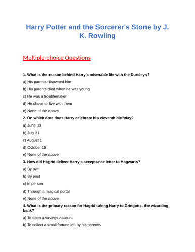 Harry Potter and the Sorcerer's Stone : Multiple choice Questions ...