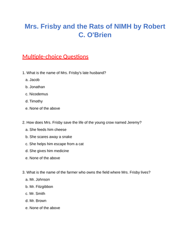 Mrs. Frisby and the Rats of NIMH : Multiple choice Questions - Test ... Mrs. Frisby and the Rats of NIMH : Multiple choice Questions - Test ...