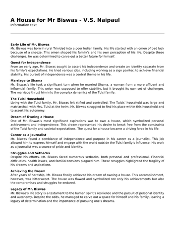 A House for Mr Biswas - V.S. Naipaul | Teaching Resources