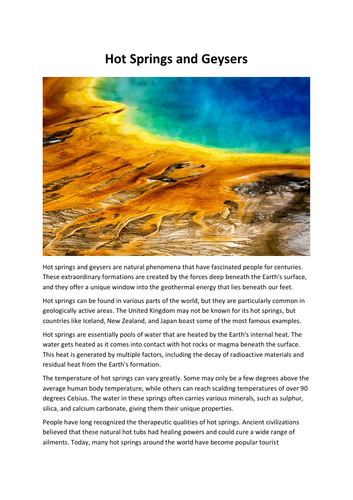 Hot Springs and Geysers Worksheet | Teaching Resources