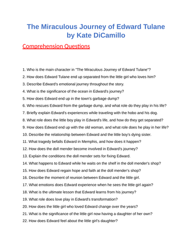The Miraculous Journey of Edward Tulane : Reading comprehension ...