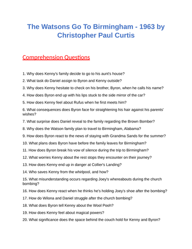 The Watsons Go To Birmingham - 1963: Reading comprehension Questions ...