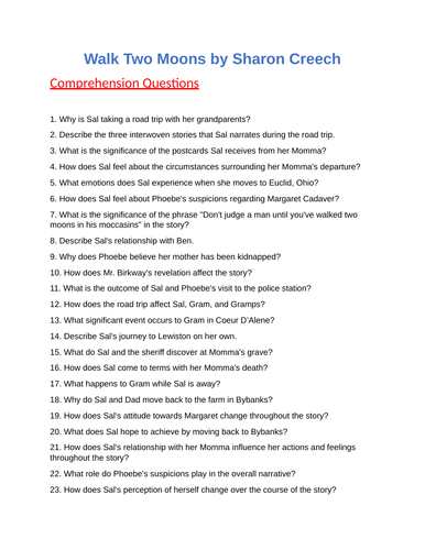 Walk Two Moons : Reading comprehension Questions - Test / Quiz ...