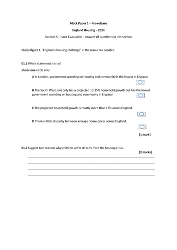 GCSE AQA Paper 3 Pre-release 2024 Mock Exam and Mark Scheme (1 ...