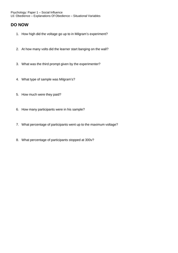 L4: Milgram Obedience & Situational Variables - Paper 1 - AQA ...