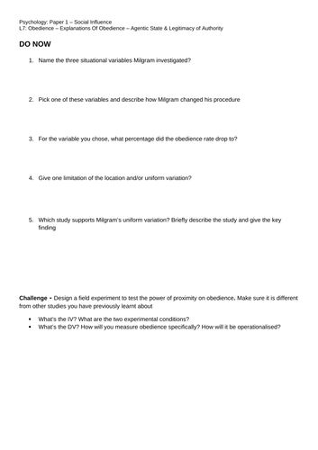 L5: Agentic State & Legitimacy of Authority - Paper 1 - AQA Psychology ...
