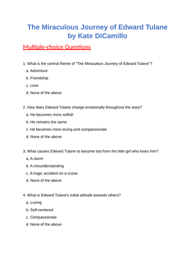 The Miraculous Journey of Edward Tulane : Multiple choice Questions ...