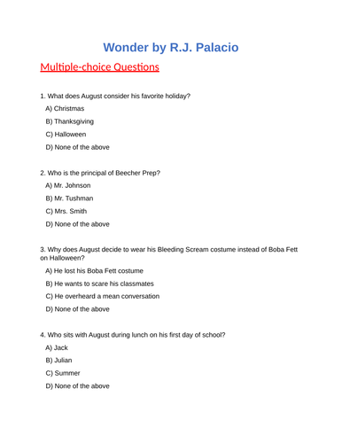 Wonder : Multiple choice Questions - Test / Quiz | Teaching Resources
