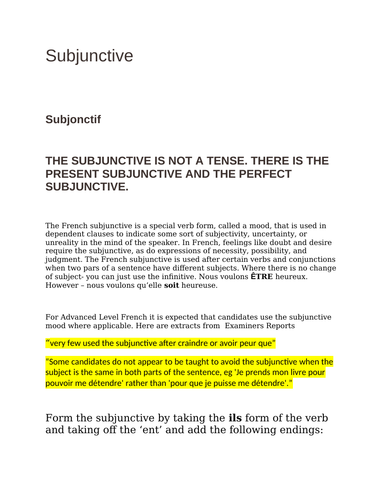 A LEVEL FRENCH explanation of the subjunctive | Teaching Resources
