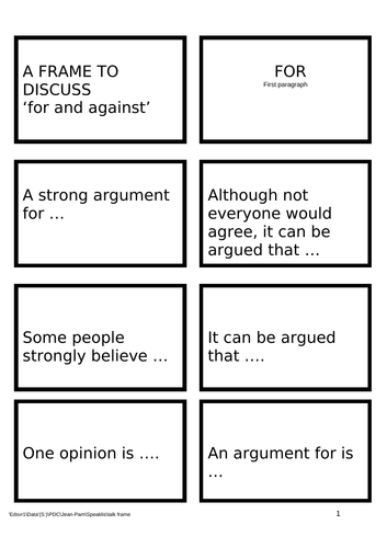 Literacy Cards: Constructing an argument 'For' and 'Against' | Teaching ...