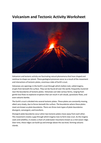Volcanism and Tectonic Activity Worksheet | Teaching Resources