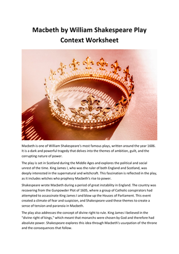 Macbeth by William Shakespeare Play Context Worksheet | Teaching Resources