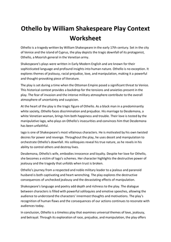 Othello by William Shakespeare Play Context Worksheet | Teaching Resources