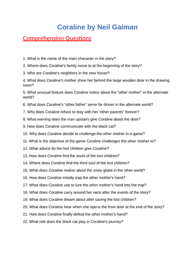 Coraline : Reading comprehension Questions - Test / Quiz | Teaching ...