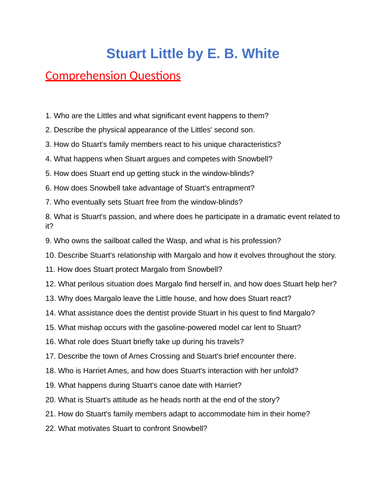 Stuart Little : Reading comprehension Questions - Test / Quiz ...