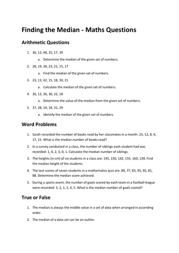 Finding the Median - Maths Questions | Teaching Resources