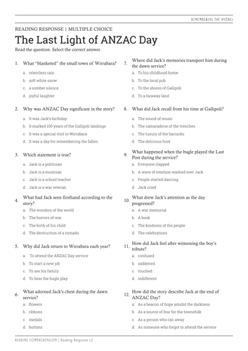 ANZAC Day Story and Reading Comprehension | Teaching Resources