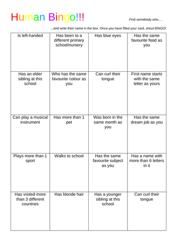 Human Bingo Transition Day/Move Up Day Resource | Teaching Resources