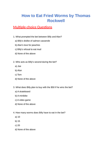 How to Eat Fried Worms : Multiple choice Questions - Test / Quiz ...