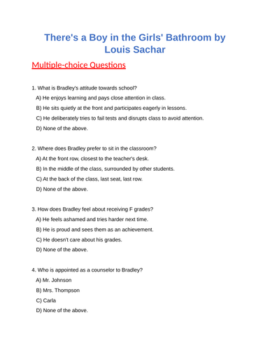 There's a Boy in the Girls' Bathroom : Multiple choice Questions - Test ...