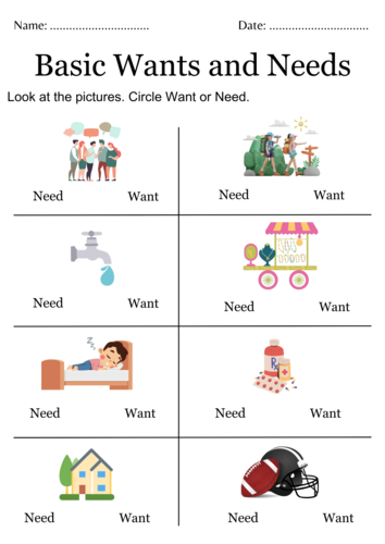 Printable identifying needs and wants worksheet - basic needs vs wants ... Printable identifying needs and wants worksheet - basic needs vs wants ...