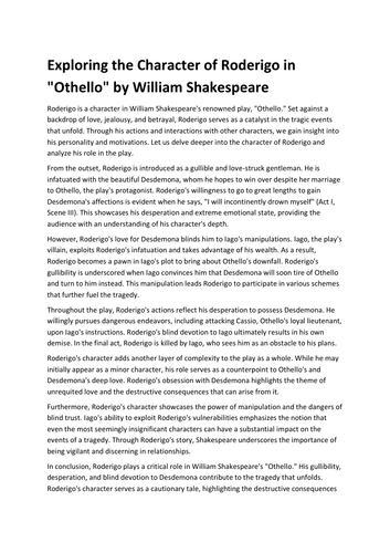 Exploring the Character of Roderigo in Othello by William Shakespeare ...
