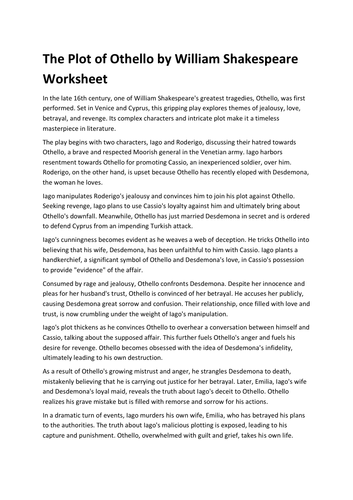 The Plot of Othello by William Shakespeare Worksheet | Teaching Resources