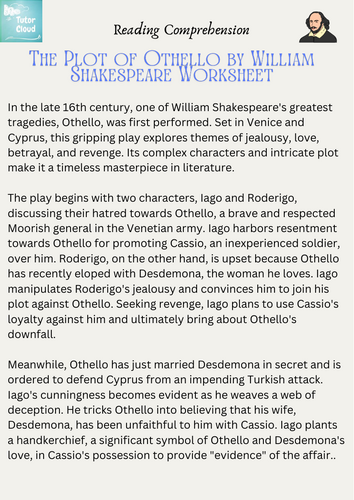 The Plot of Othello by William Shakespeare Worksheet | Teaching Resources