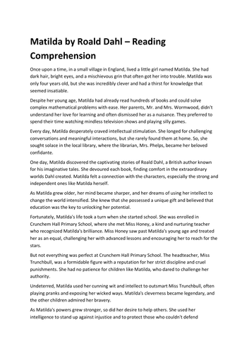Matilda by Roald Dahl – Reading Comprehension | Teaching Resources