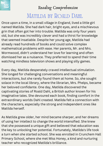 Matilda by Roald Dahl – Reading Comprehension | Teaching Resources