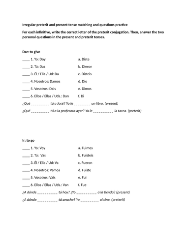 Irregular preterit and present tense matching and questions practice ...