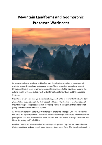Mountain Landforms and Geomorphic Processes Worksheet | Teaching Resources