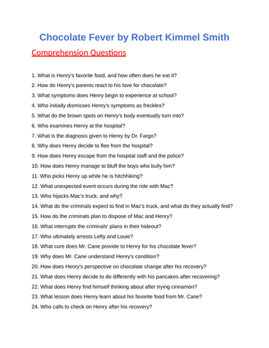 Chocolate Fever: Reading comprehension Questions - Test / Quiz ...
